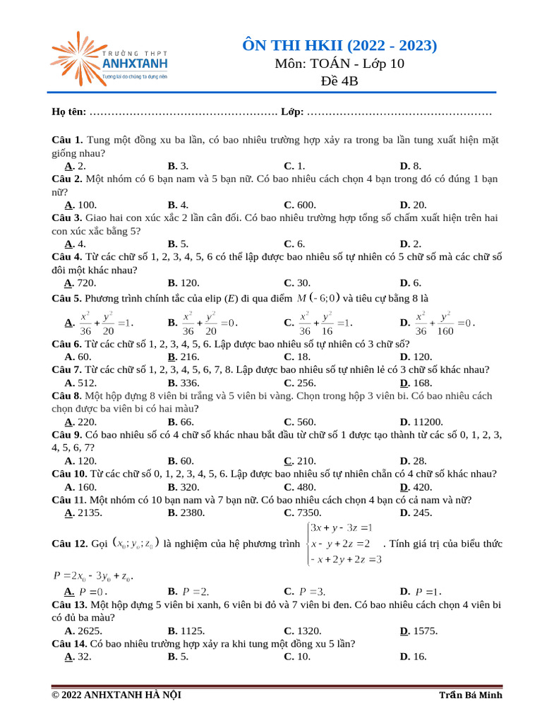 2023 Ôn Thi HKII Toán 10 Đề 4B Minh Đáp Án | PDF