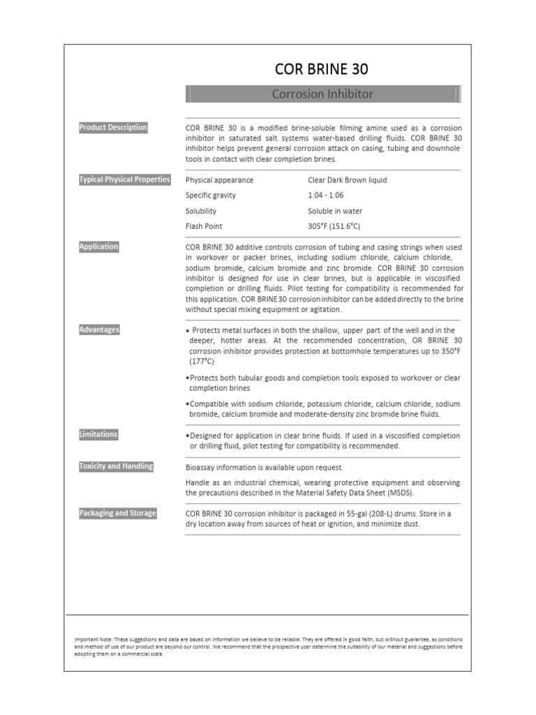COR BRINE 30 Corrosion Inhibitor Guide | PDF | Sodium Chloride ...