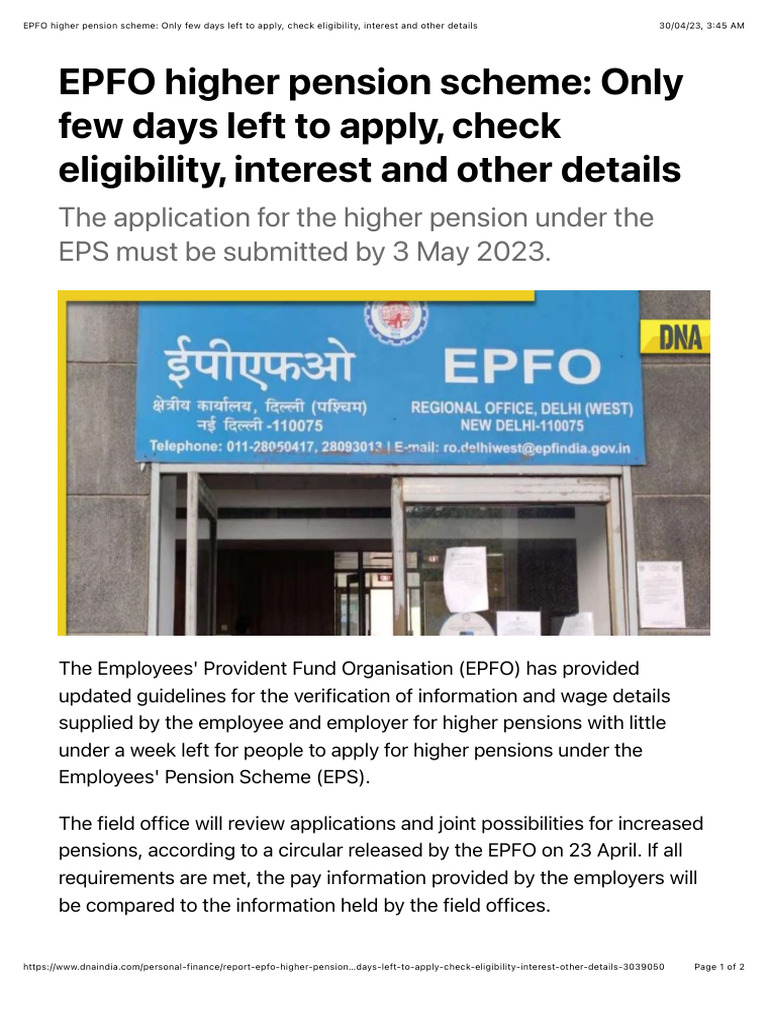 EPFO Higher Pension Scheme | PDF