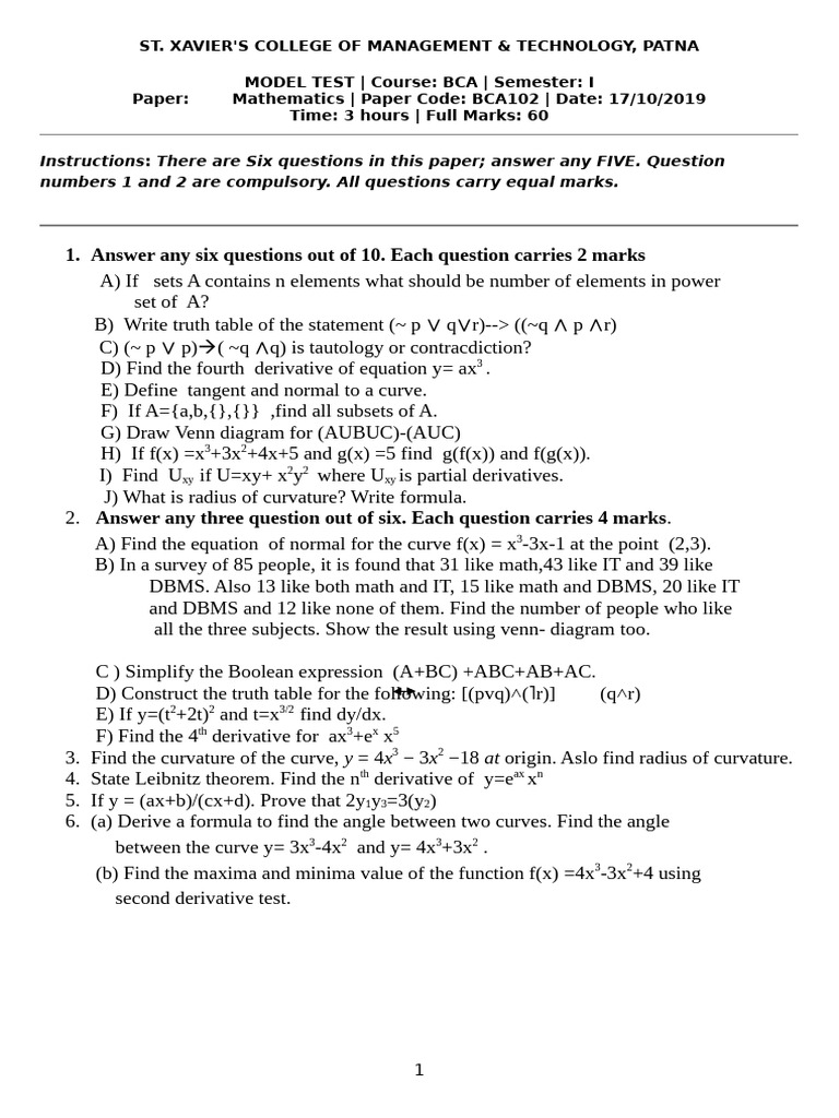 BCA 1st Sem 2019 MATH | PDF