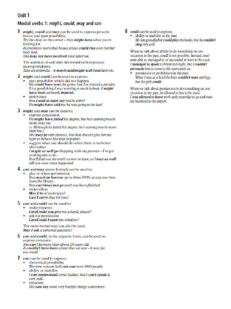 Unit 1 Modal Grammar Explanation | PDF