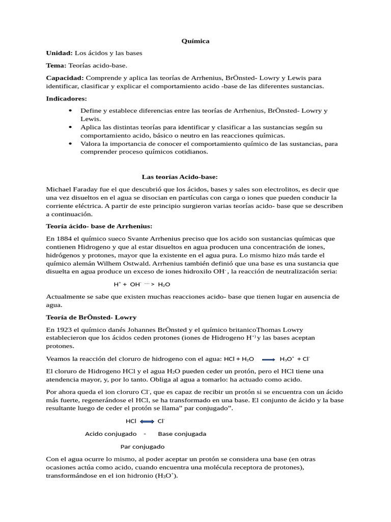 Teorías Ácido-Base: Arrhenius, BrÖnsted y Lewis | PDF | Ácido | Átomos