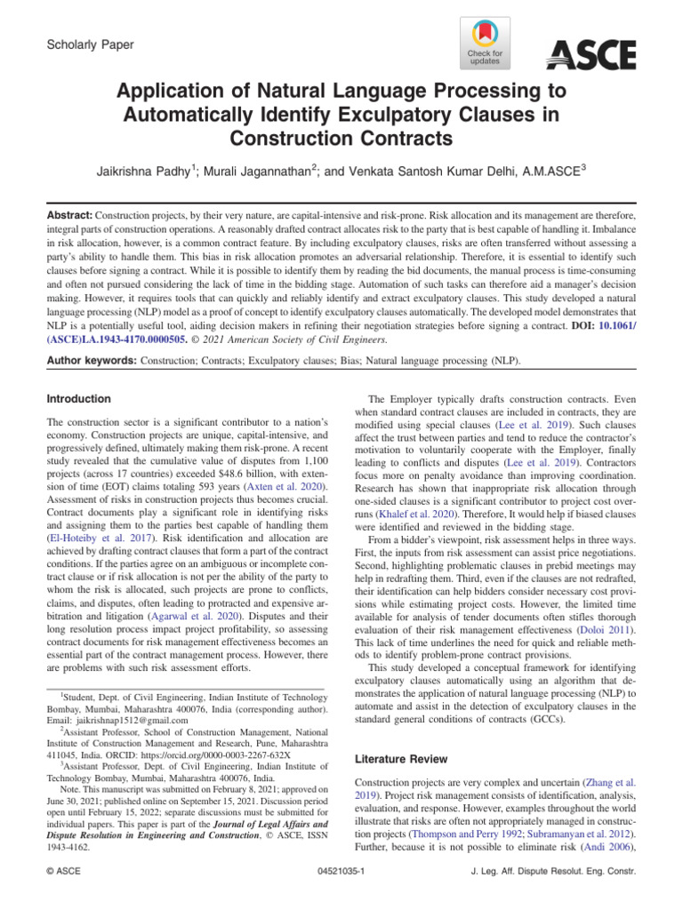 Application of Natural Language Processing To Automatically Identify Exculpatory Clauses in ...