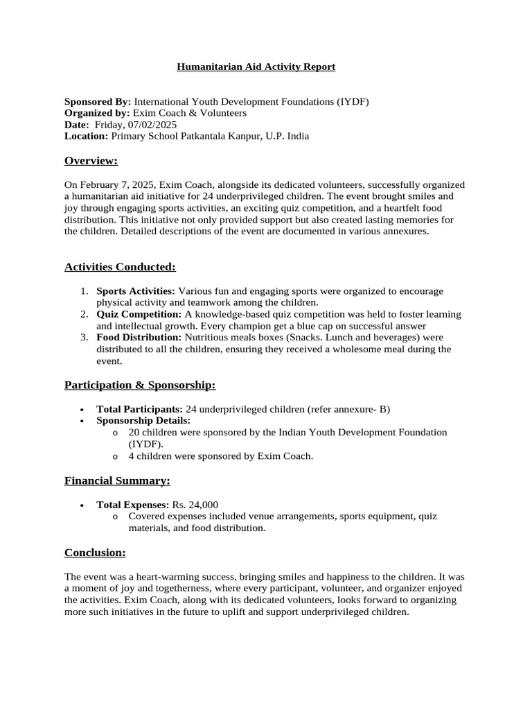 Humanitarian Aid Activity Report | PDF