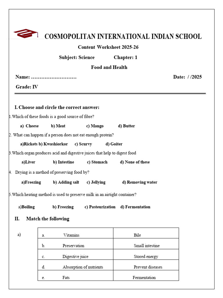 GR - 4 - Food & Health - Worksheet | PDF | Foods | Vitamin