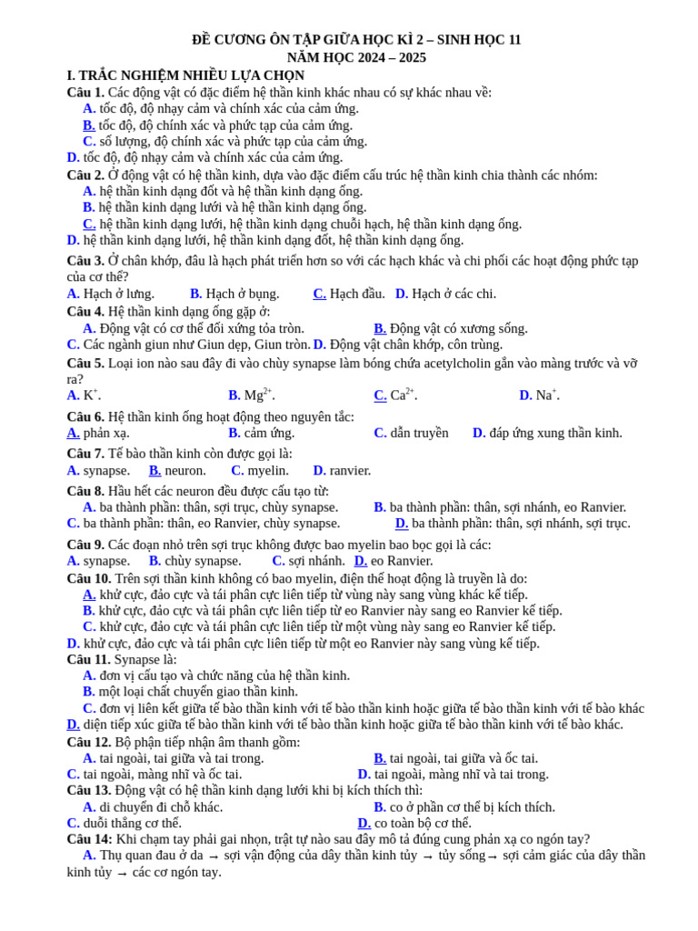 Đề Cương Gk2 - Sinh 11 | PDF