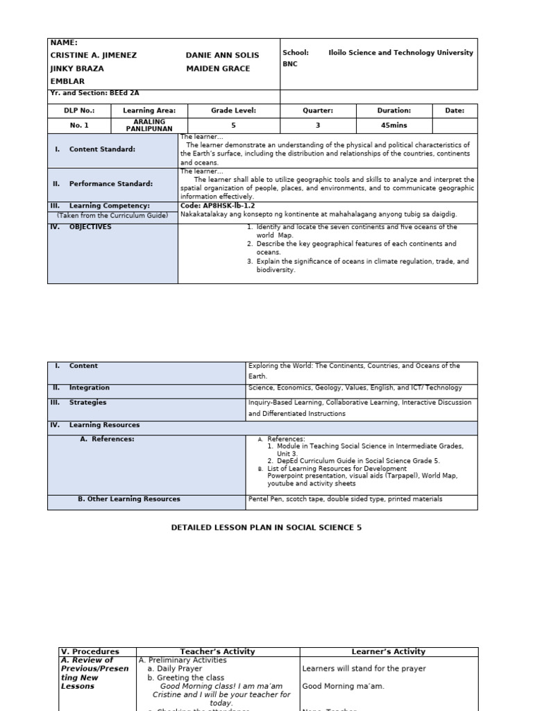 Detailed Lesson Plan for Social Science 5 | PDF | Learning ...