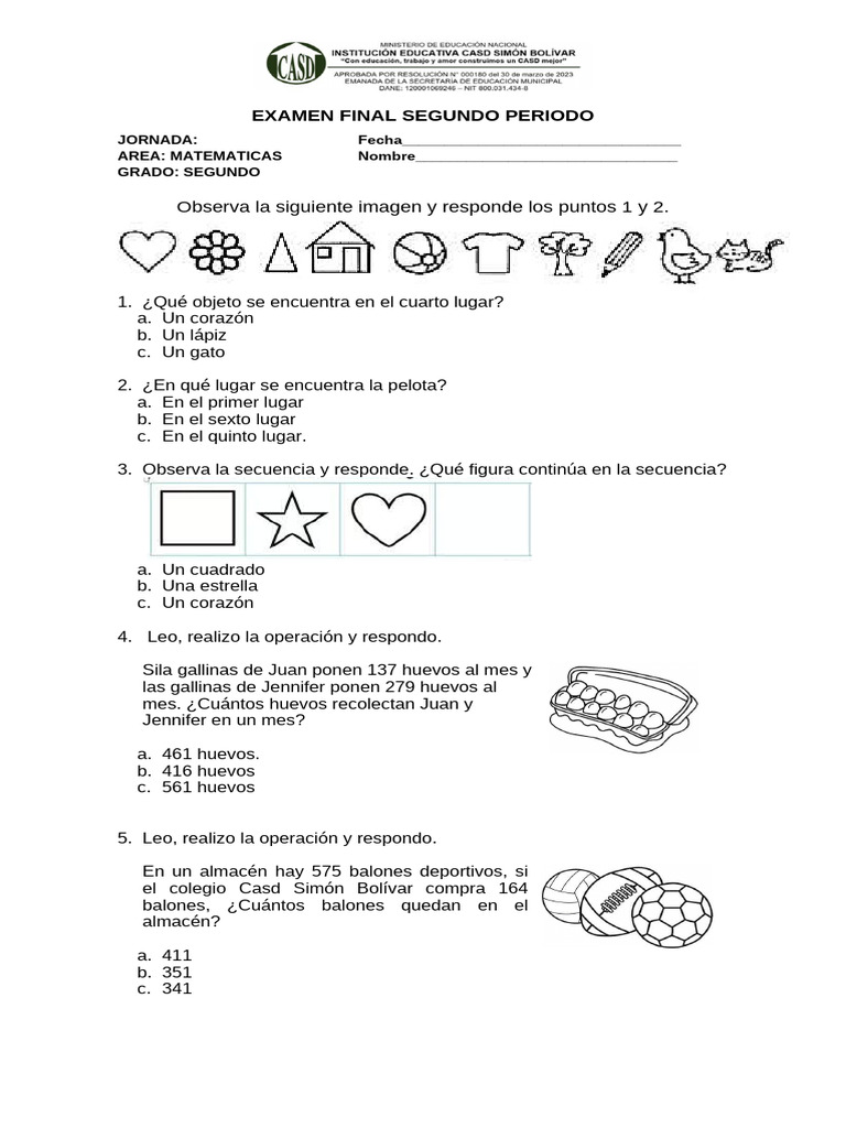 Examen Final Segundo Periodo Grado Segundo Matemáticas | PDF