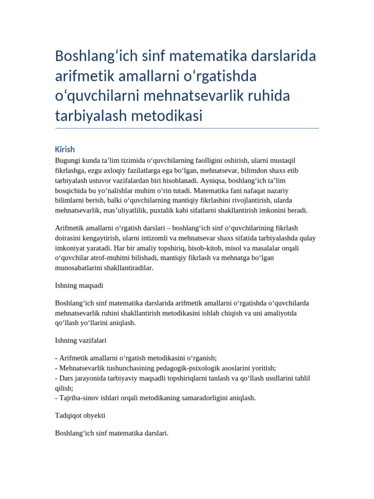 Kurs Ishi Boshlangich Sinf Matematika | PDF