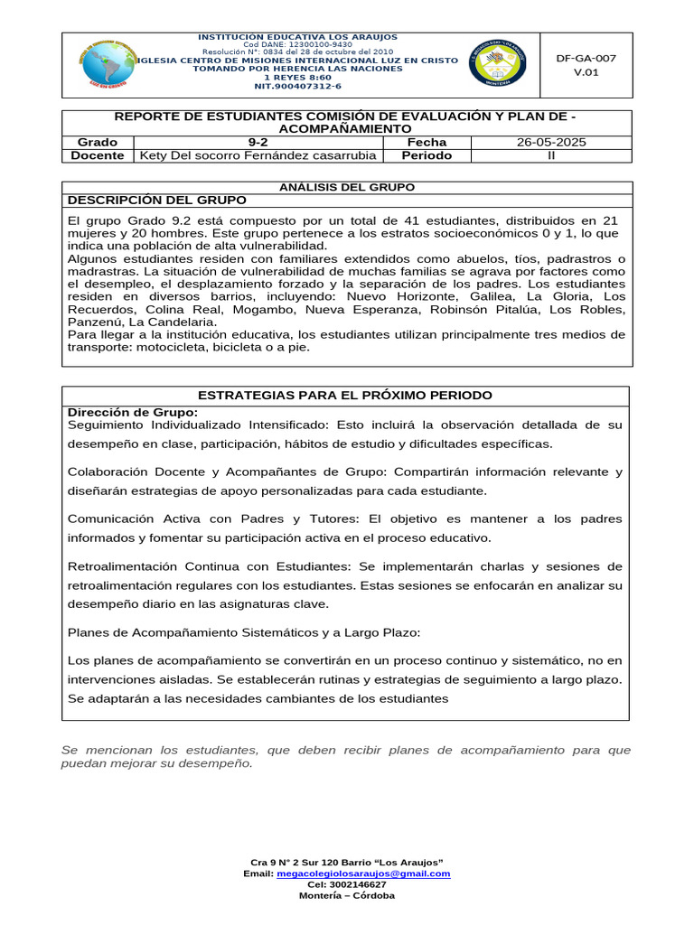 Reporte de Estudiantes para Comisión de Evaluación Grado 9-2 | PDF