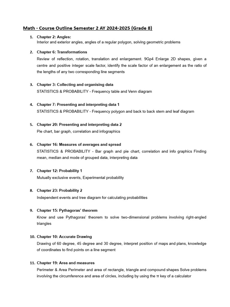 Math - Course Outline - Semester 2 AY 2024-2025 Grade 8 | PDF