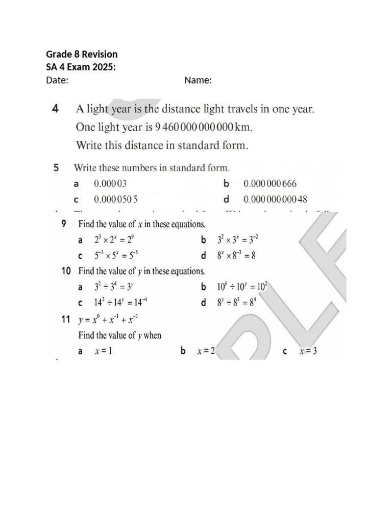 Grade 8 Revision SA 4 Exam 2025 | PDF
