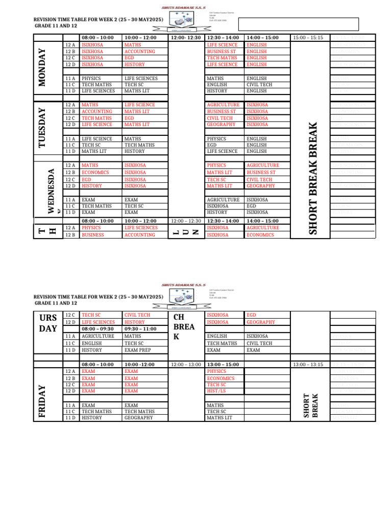 Revision Time Table Week 2-1 | PDF | Science | Educational Stages