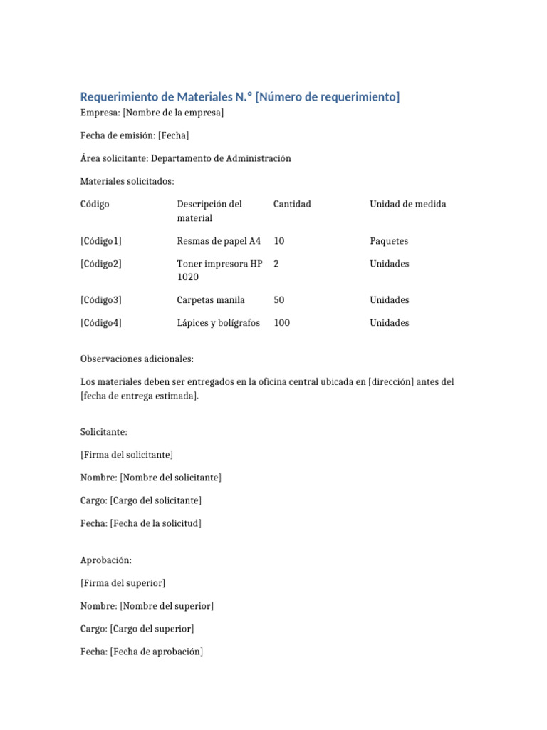 Requerimiento Materiales Modelo Word Peru | PDF