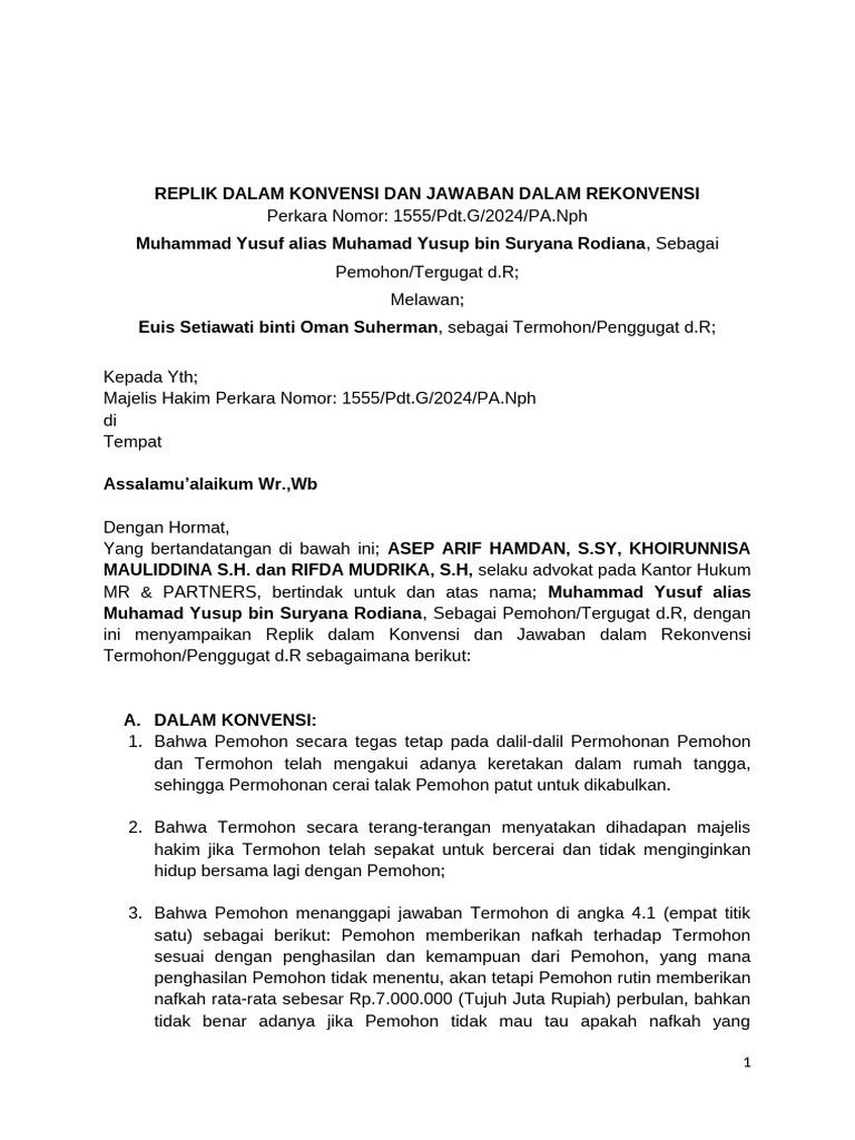 Replik dan Jawaban Rekonvensi Cerai | PDF