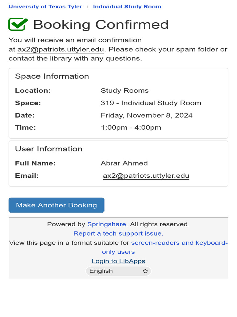 Space Availability - 319 - Individual Study Room - Library Calendar ...