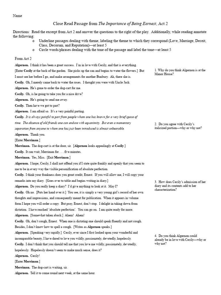 Earnest Close Reading Act 2 | PDF