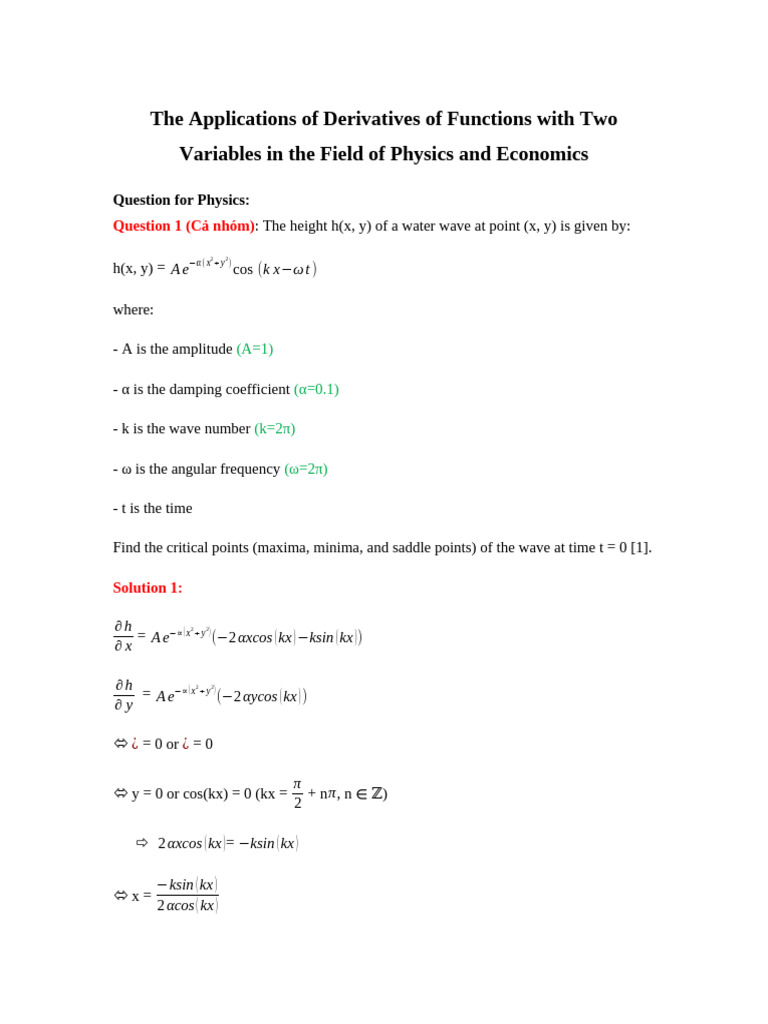 The Applications of Derivatives of Functions With Two Variables in ...