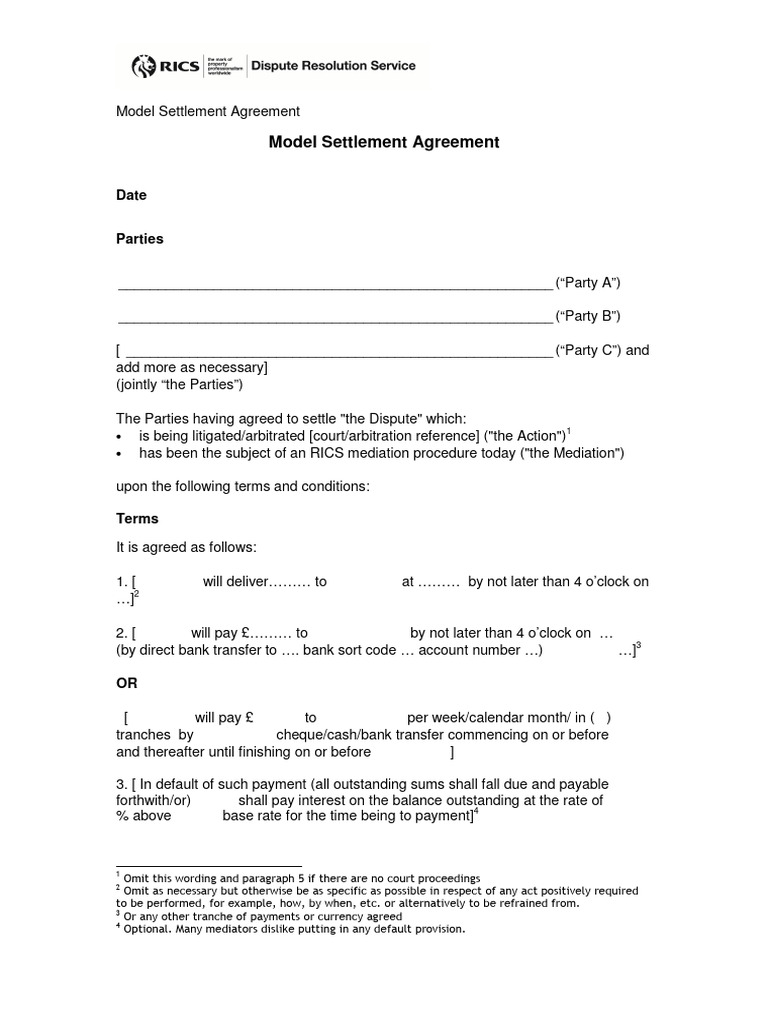 ACRE Mediation Model Settlement Agreement | PDF | Mediation | Settlement (Litigation)