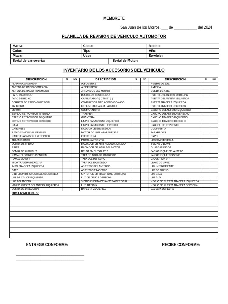 FORMATO PLANILLA DE REVISION DE VEHICULO | PDF | Tecnología de ...
