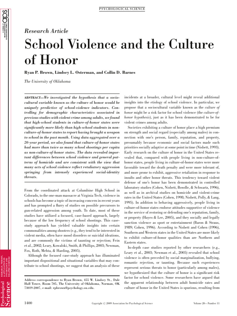 Culture of Honor and School Violence | PDF | Violence | School Shooting