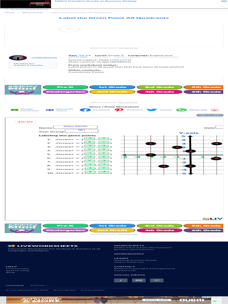 Label Points in All Quadrants Worksheet | PDF | Worksheet