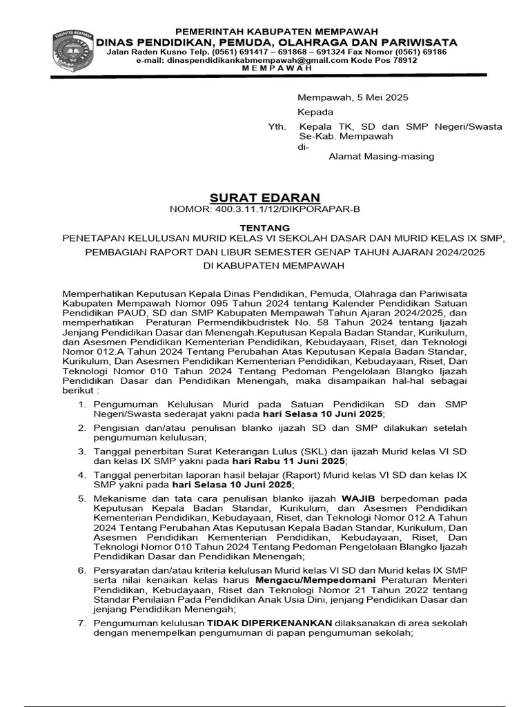 Surat Edaran Kelulusan 2025 | PDF