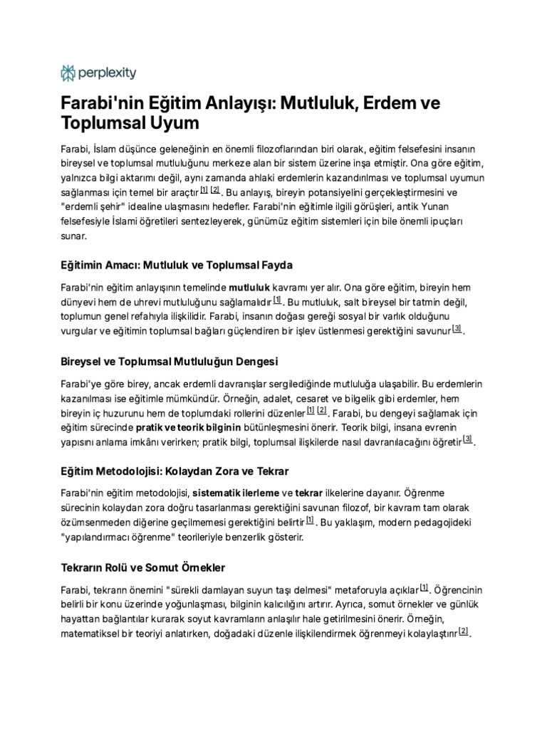 Farabi'nin Eğitim Anlayışı - Mutluluk, Erdem Ve Top | PDF