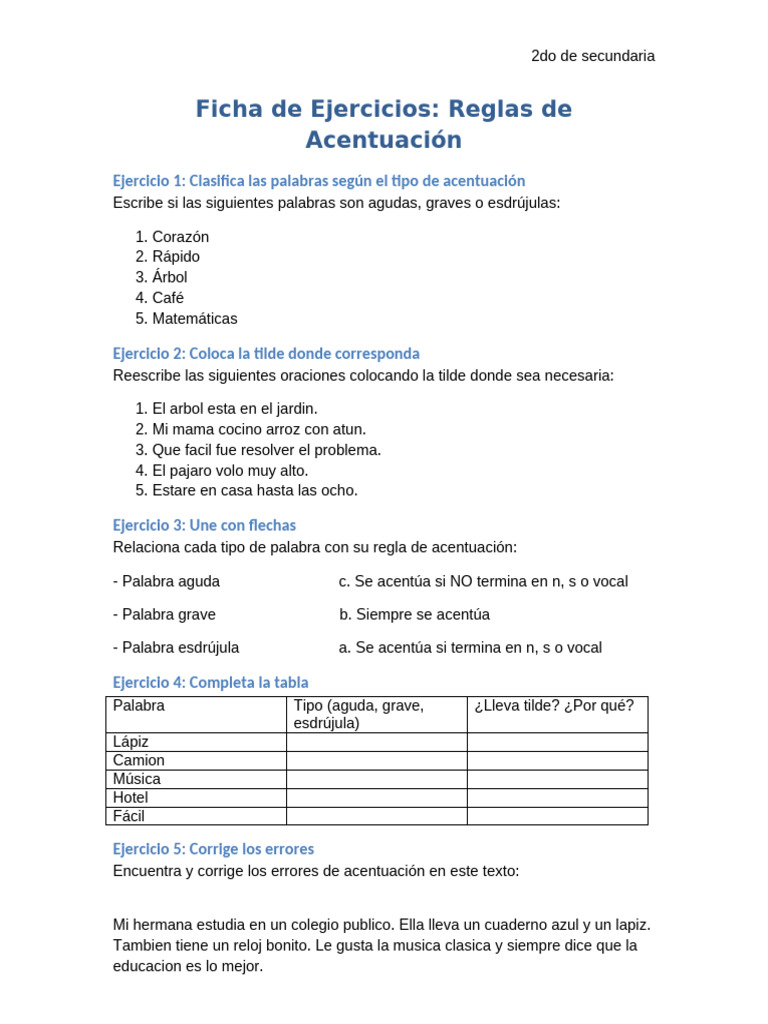 Ficha_Reglas_Acentuacion_2Secundaria | PDF | Estrés (lingüística ...