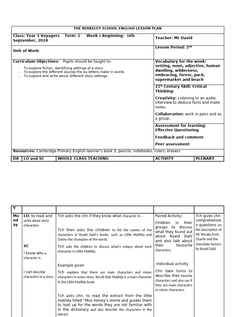 Year 3 English Lesson Plan Term 2 | PDF | Verb | Reading Comprehension