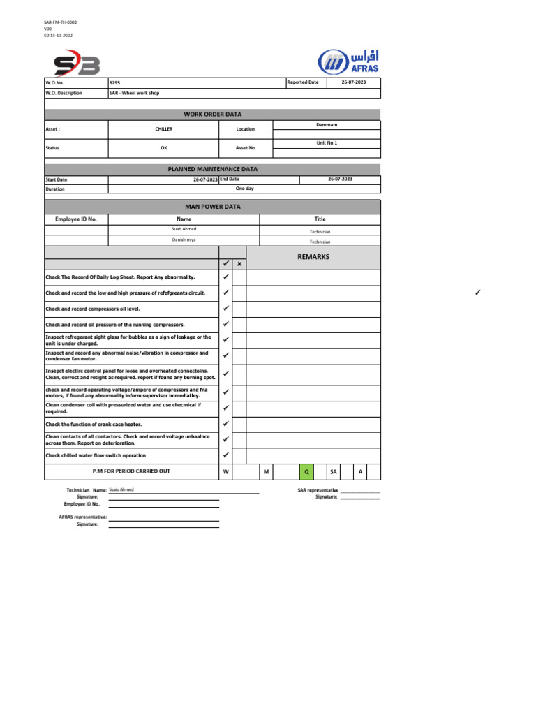 Chiller Checklist - Quarterly Unit No1 | PDF | Mechanical Engineering ...
