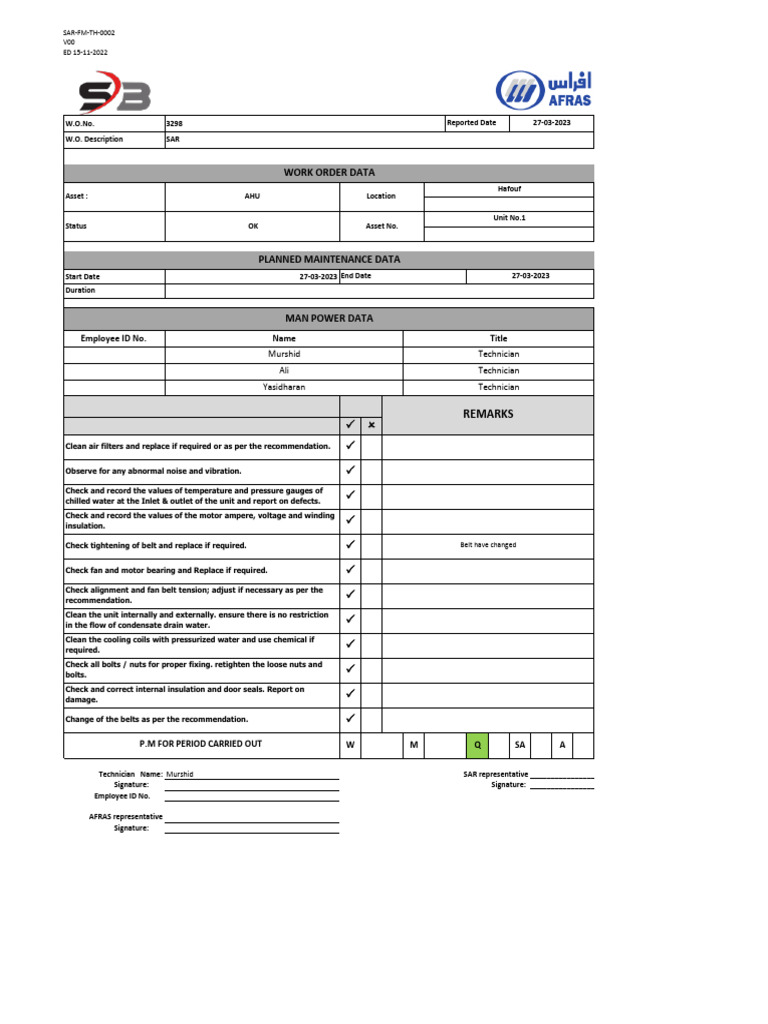 AHU Checklist - Quarterly | PDF | Electrical Engineering | Electricity