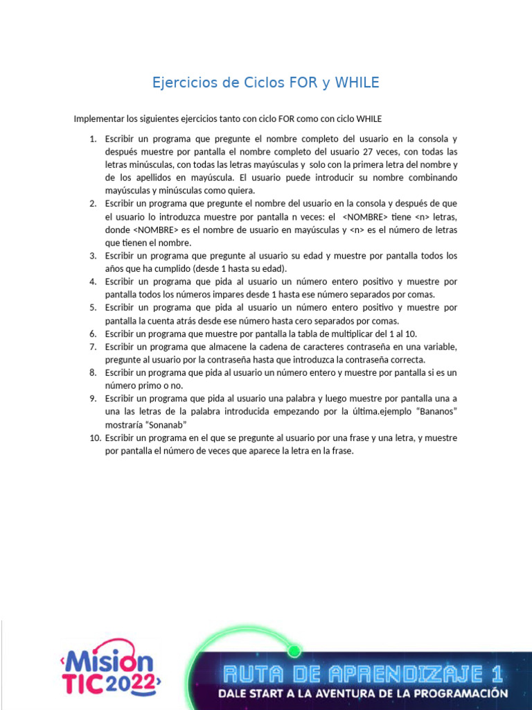 Ejercicios de Ciclos For y WHILE | PDF