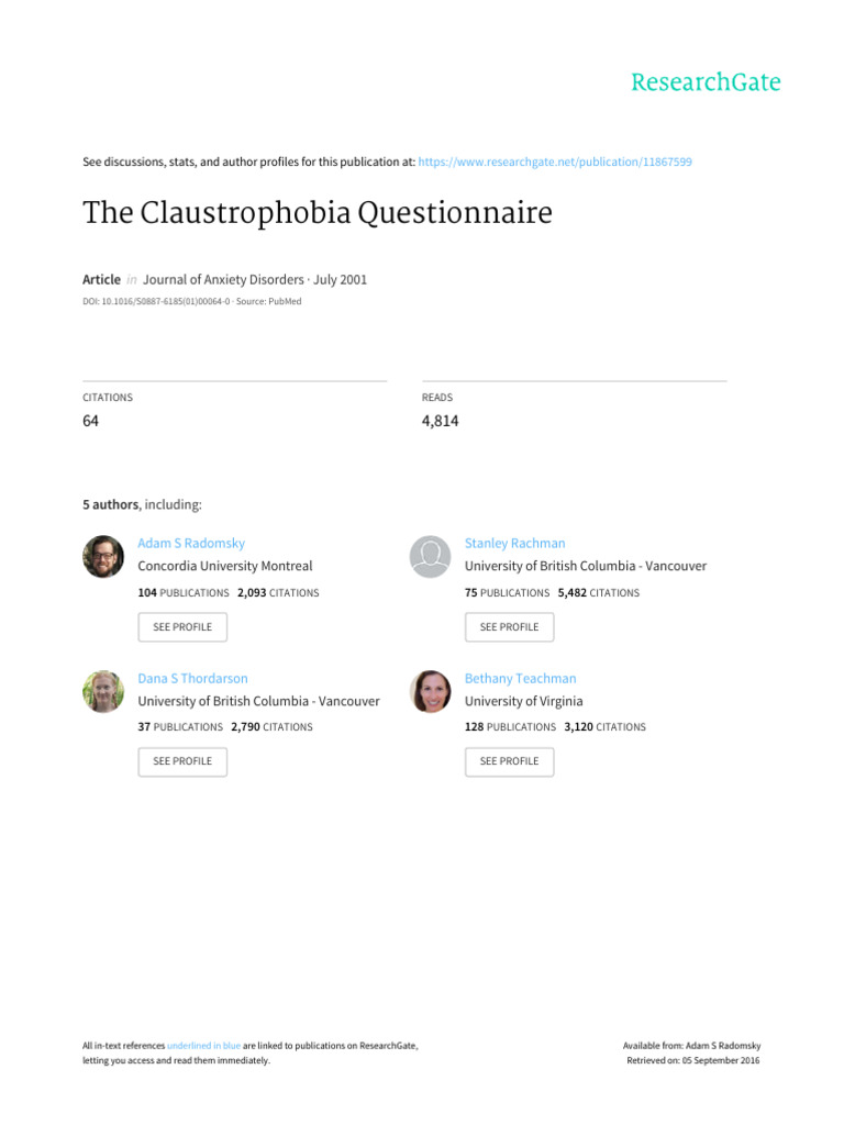 Claustrophobia Questionnaire Overview | PDF | Abnormal Psychology ...