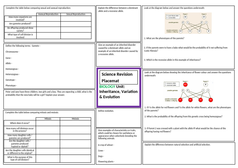 Inheritance Variation - Evolution Revision Sheet For AQA GCSE Combined ...