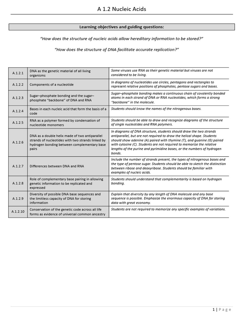 A 1.2 SL Nucleic Acids - Student Notes | PDF | Nucleotides | Dna