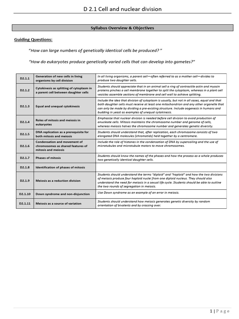 D 2.1 SL Cell Division - Student Notes | PDF | Meiosis | Mitosis
