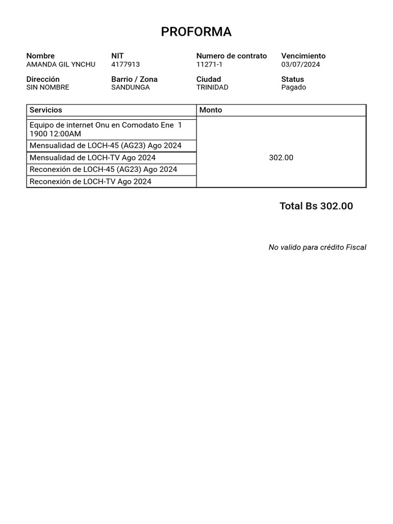 Proforma: Total Bs 302.00 | PDF
