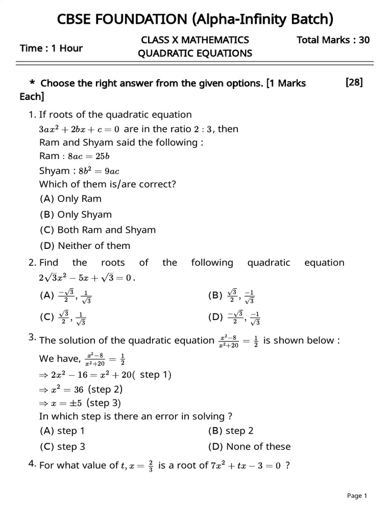 Quadratic Equations Test - 01 | PDF | Quadratic Equation | Zero Of A ...