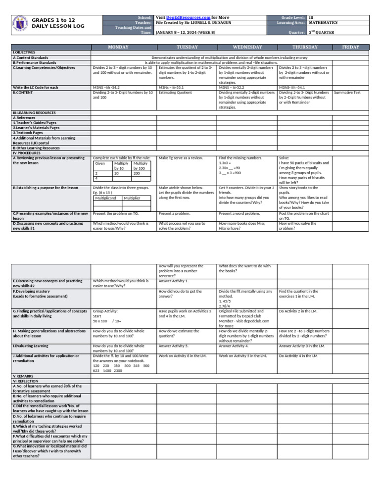 DLL - Mathematics 3 - Q2 - W8 | PDF | Learning | Cognitive Science
