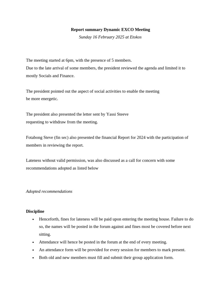 Report Summary Dynamic EXCO Meeting | PDF