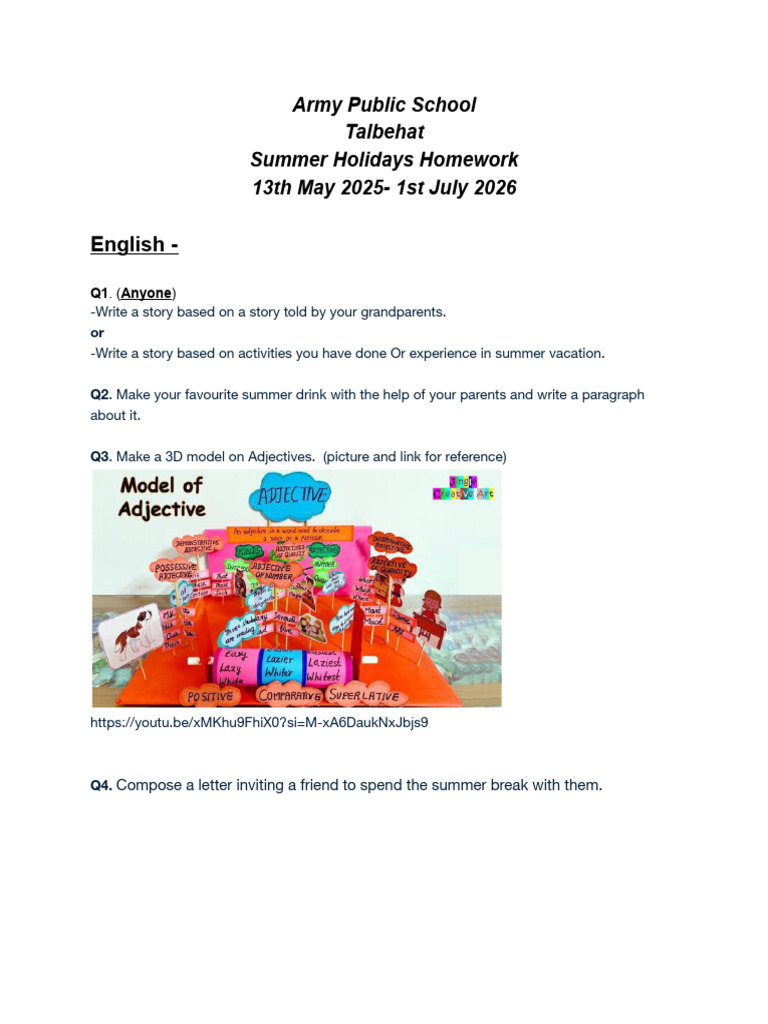 Class - 4 Holiday Homework All Subjects | PDF