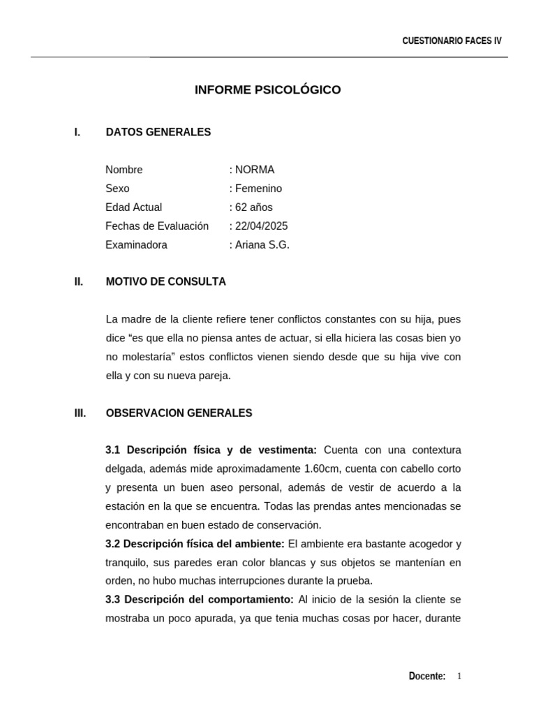 INFORME DE FACES IV (madre) | PDF | Sicología | Ciencias del comportamiento