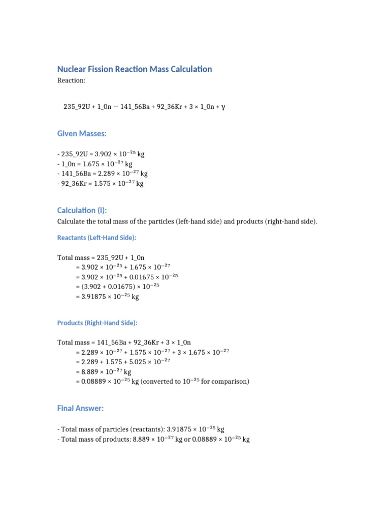 Nuclear Fission Mass Calculation Guide | PDF