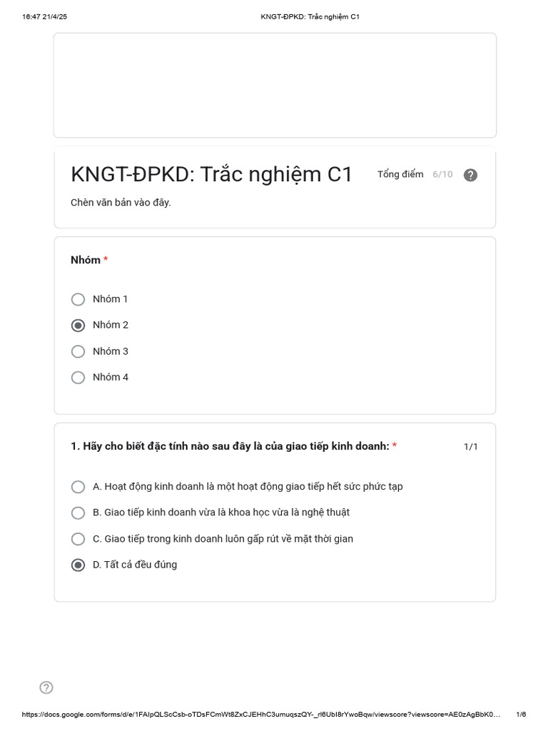 KNGT-ĐPKD - Trắc nghiệm C1 | PDF