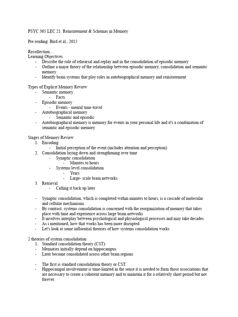 PSYC 365 LEC 21 - Reinstatement & Schemas in Memory | PDF | Memory | Recall (Memory)