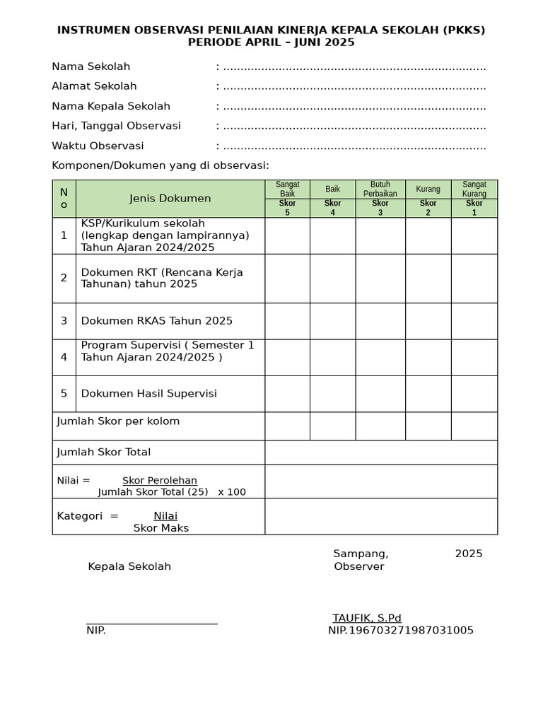 Instrumen Observasi Penilaian Kinerja KS 2025 | PDF