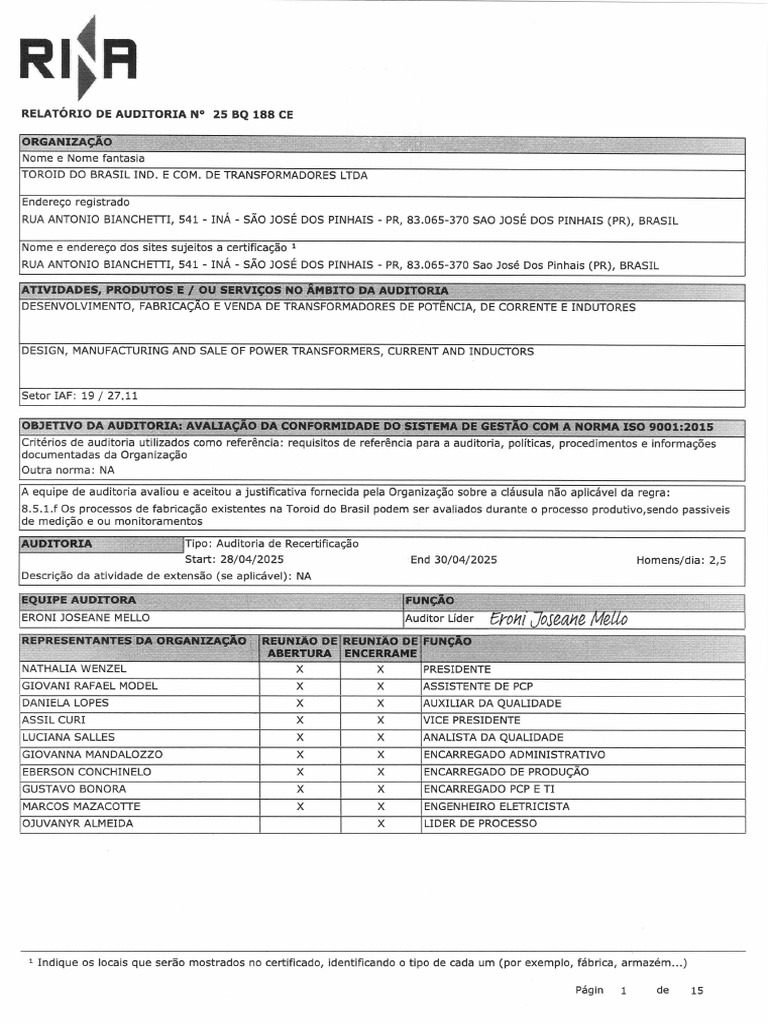 Relatório de Auditoria RINA | PDF