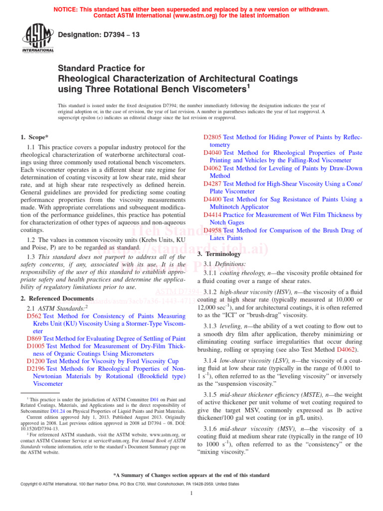 Astm-D7394-13 Medida Reologia de Pinturas Arquitectonicas | PDF | Viscosity | Shear Stress
