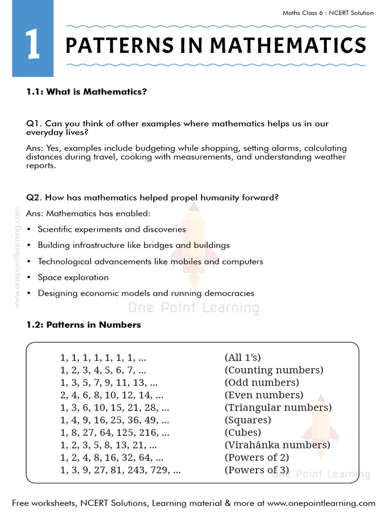 NCERT Solutions For Class 6 Maths Chapter 1 Patterns in Mathematics | PDF | Numbers | Arithmetic